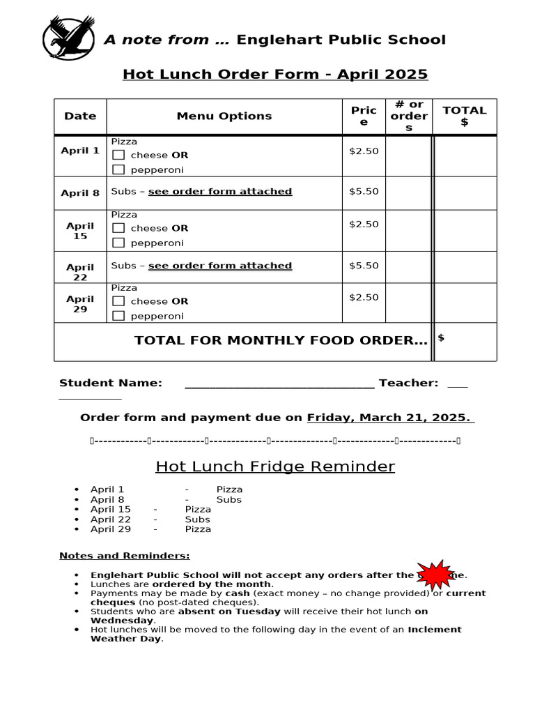 Englehart School April Lunch Orders | PDF | Pizza | Cooking