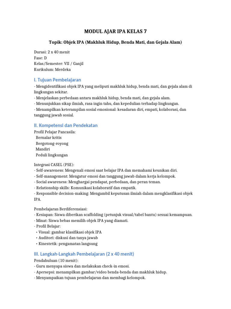 Modul Ajar IPA Kelas 7: Objek IPA | PDF