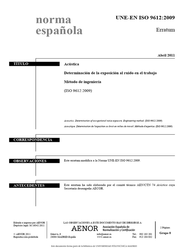 UNE ISO 9612 de 2009 Determinacion de La Exposicion Al Ruido en El Trabajo | PDF