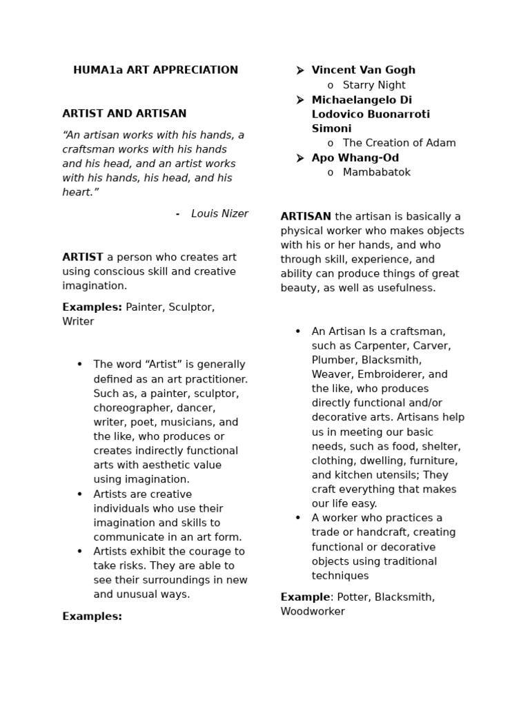 Understanding Artists and Artisans | PDF | Composition (Visual Arts ...