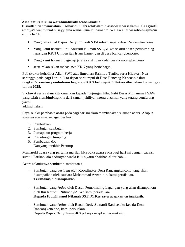 Teks MC Pembukaan KKN 2025 | PDF