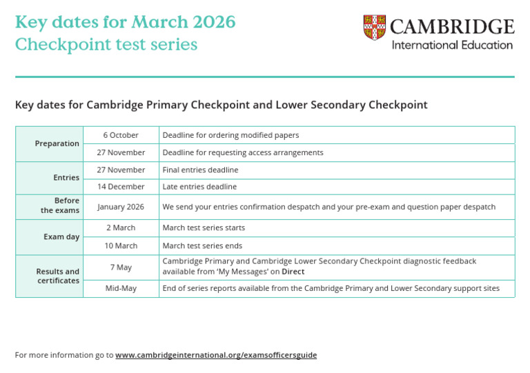 Cambridge Checkpoint Exam Dates 2026 | PDF