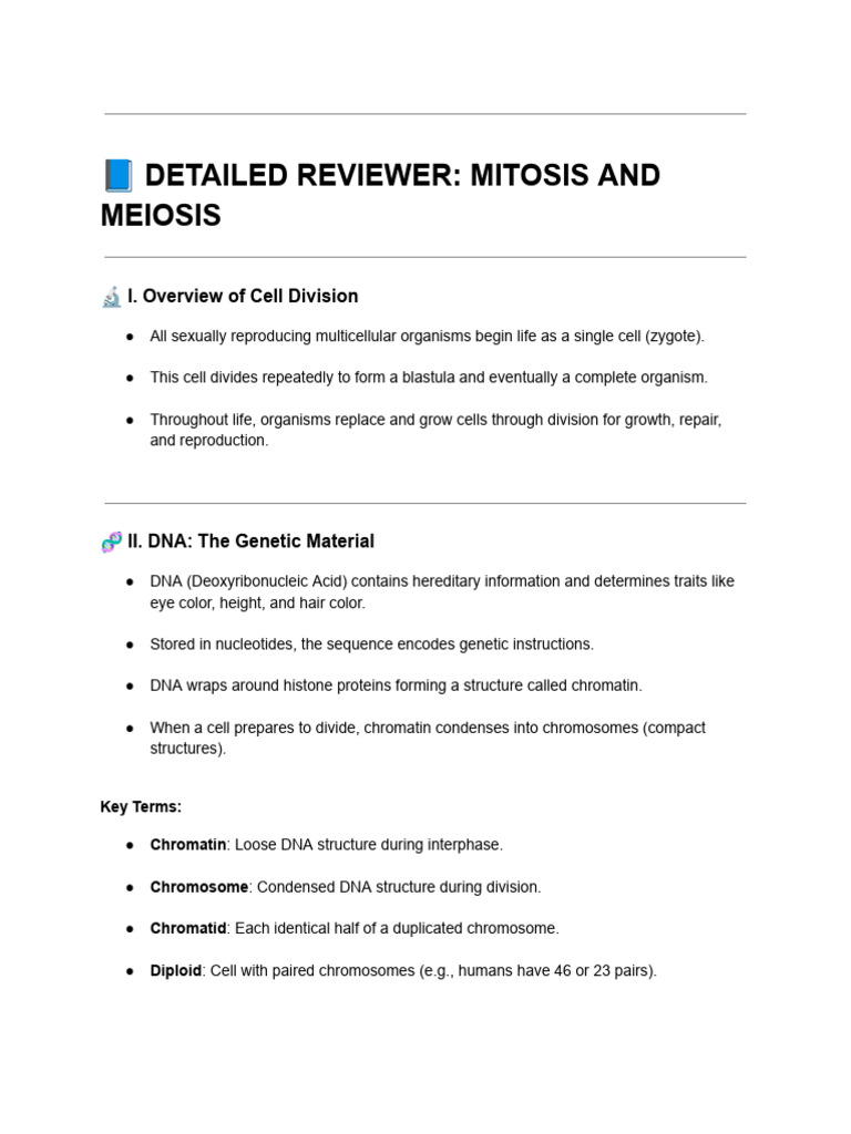 Mitosis and Meiosis: A Comprehensive Review | PDF | Mitosis | Meiosis