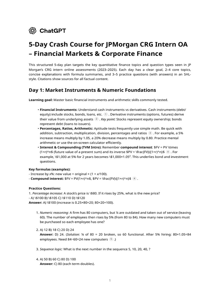 5-Day Crash Course For JPMorgan CRG Intern OA - Financial Markets ...