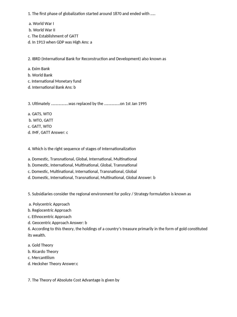 Globalization and International Trade Quiz | PDF | Foreign Direct ...