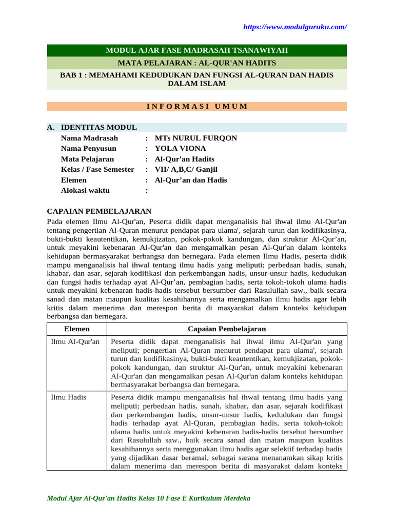 Modul Al Quran Dan Hadis Kls VII YOLA 1 | PDF