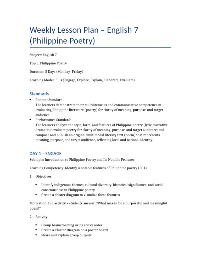 Philippine Poetry Lesson Plan | PDF | Poetry | Lesson Plan