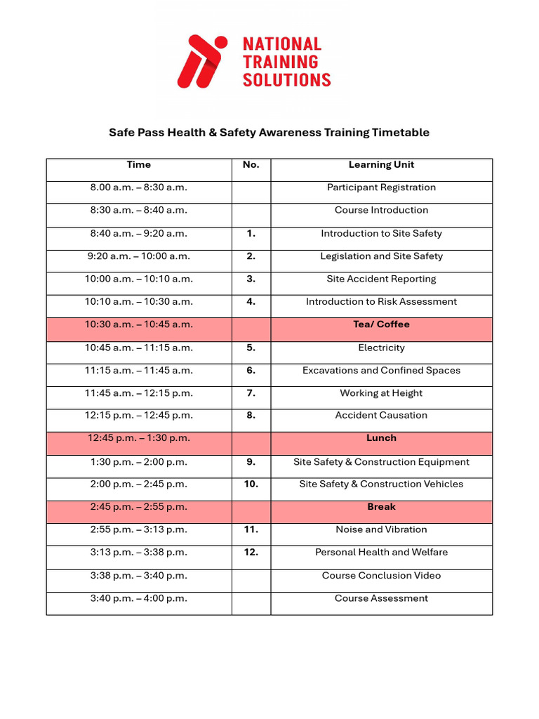 Safe Pass Training Timetable | PDF