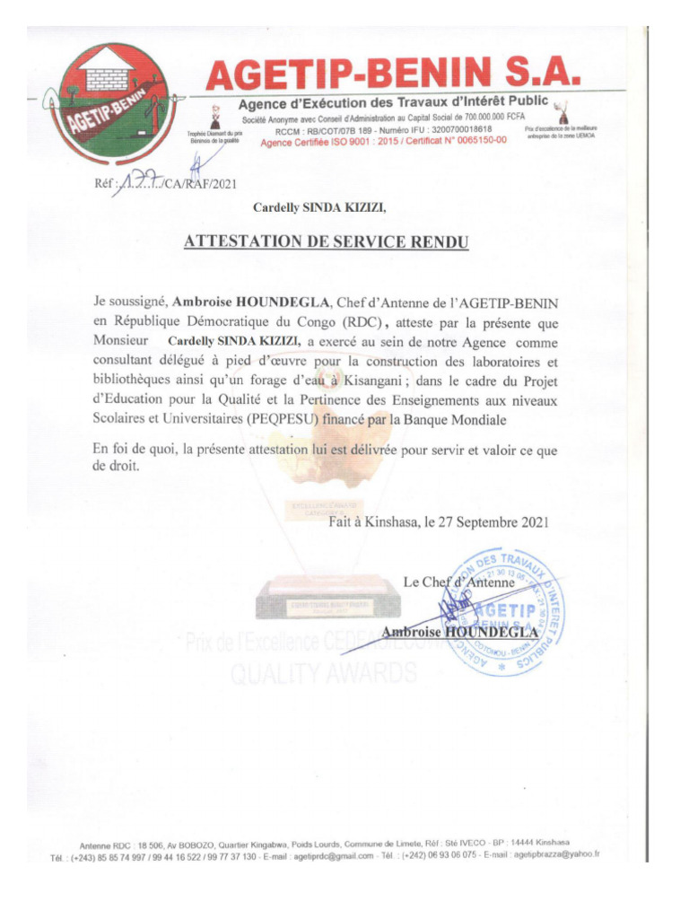 Attestation de Service Rendu AGETIP | PDF