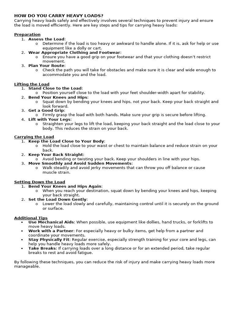 Safe Techniques for Carrying Heavy Loads | PDF