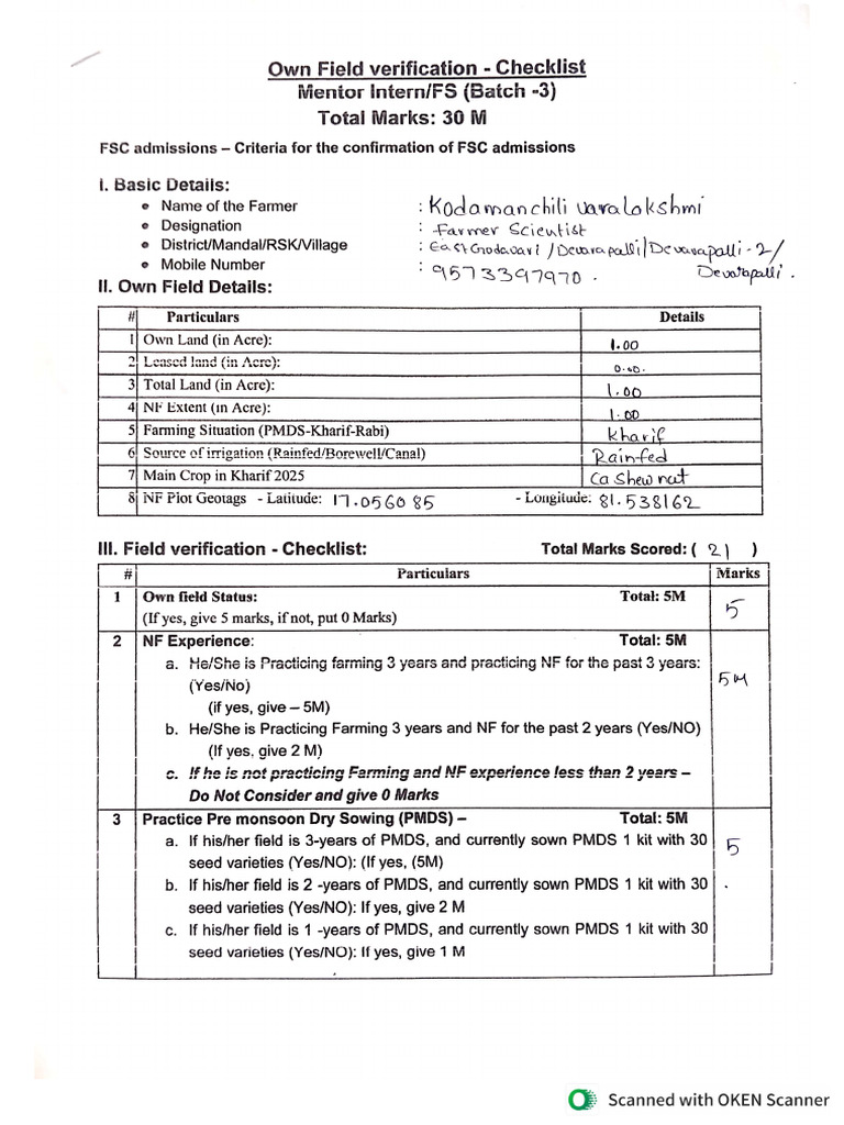 K. Varalaxmi Field Verification Form | PDF