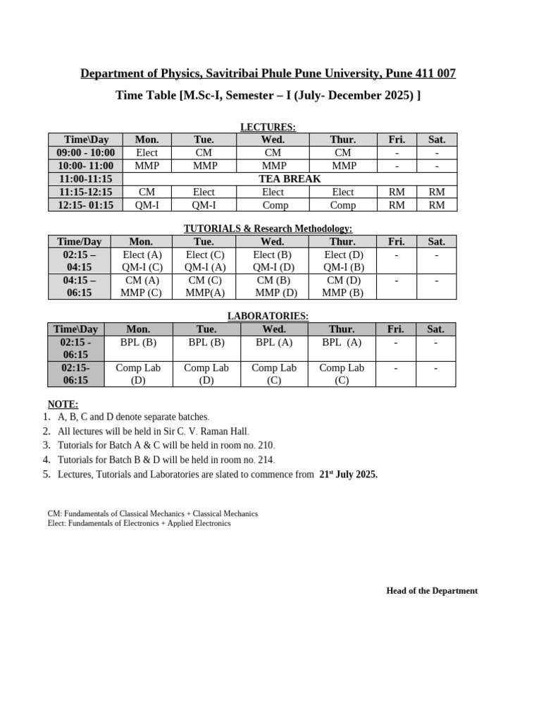 Time Table SEM I III July Dec 2025 4 | PDF | Physics | Physical Sciences