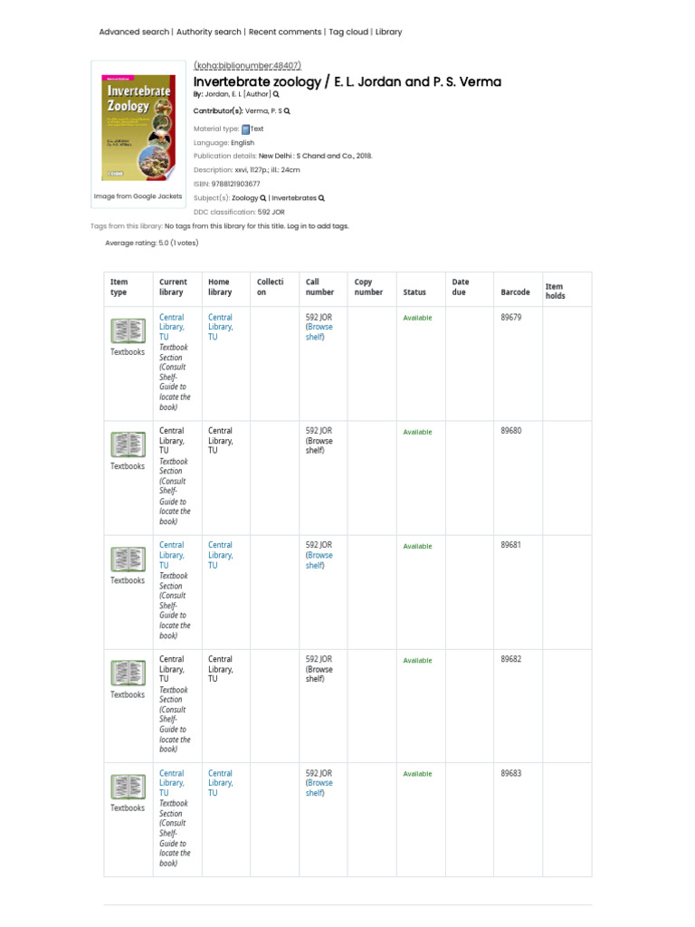 Details For_ Invertebrate Zoology _ › Central Library, Tezpur University Catalog | PDF | Libraries