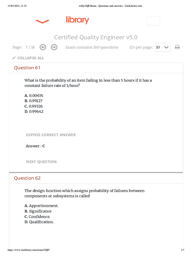ASQ CQE Exam Questions & Answers | PDF | Reliability Engineering
