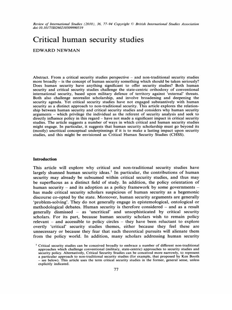 Critical Human Security Studies - Newman (2010) | PDF | Human Security | Securities
