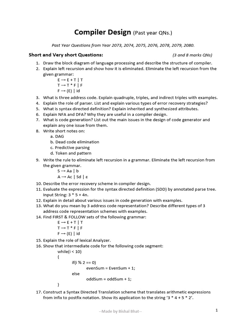 Compiler Design Past Year Questions | PDF | Parsing | Grammar