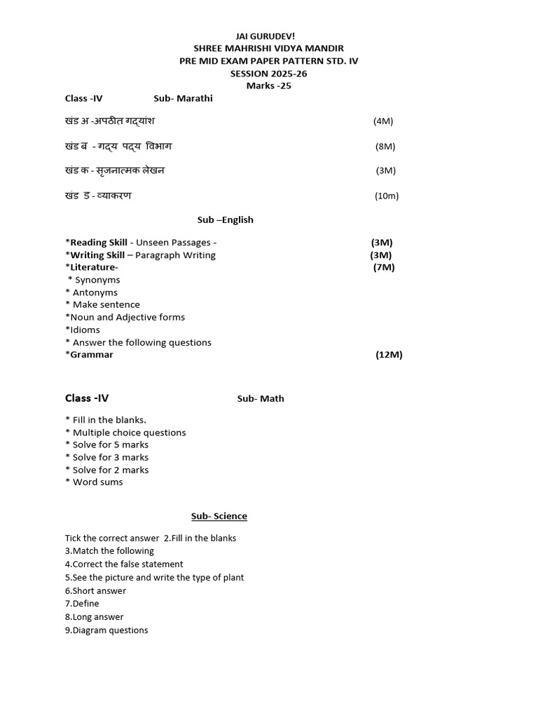 Pre-Mid Exam Paper Pattern | PDF
