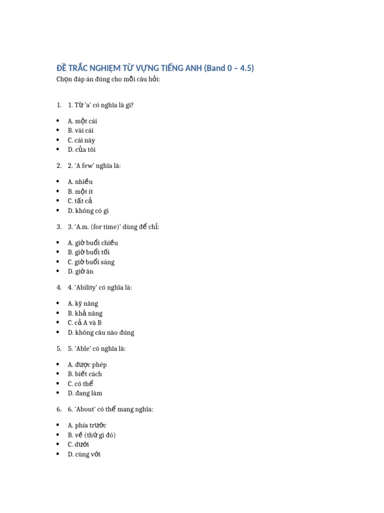De Trac Nghiem Tu Vung Band 0-4.5 | PDF