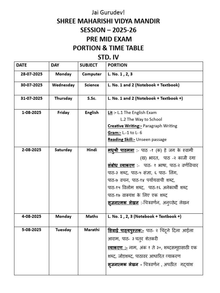 Pre Mid Exam Time - Table | PDF
