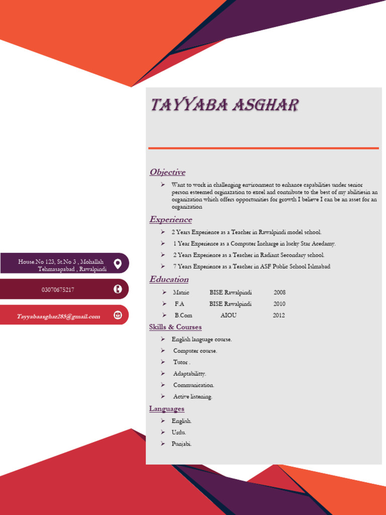 Teacher Resume of Tayyaba Asghar | PDF