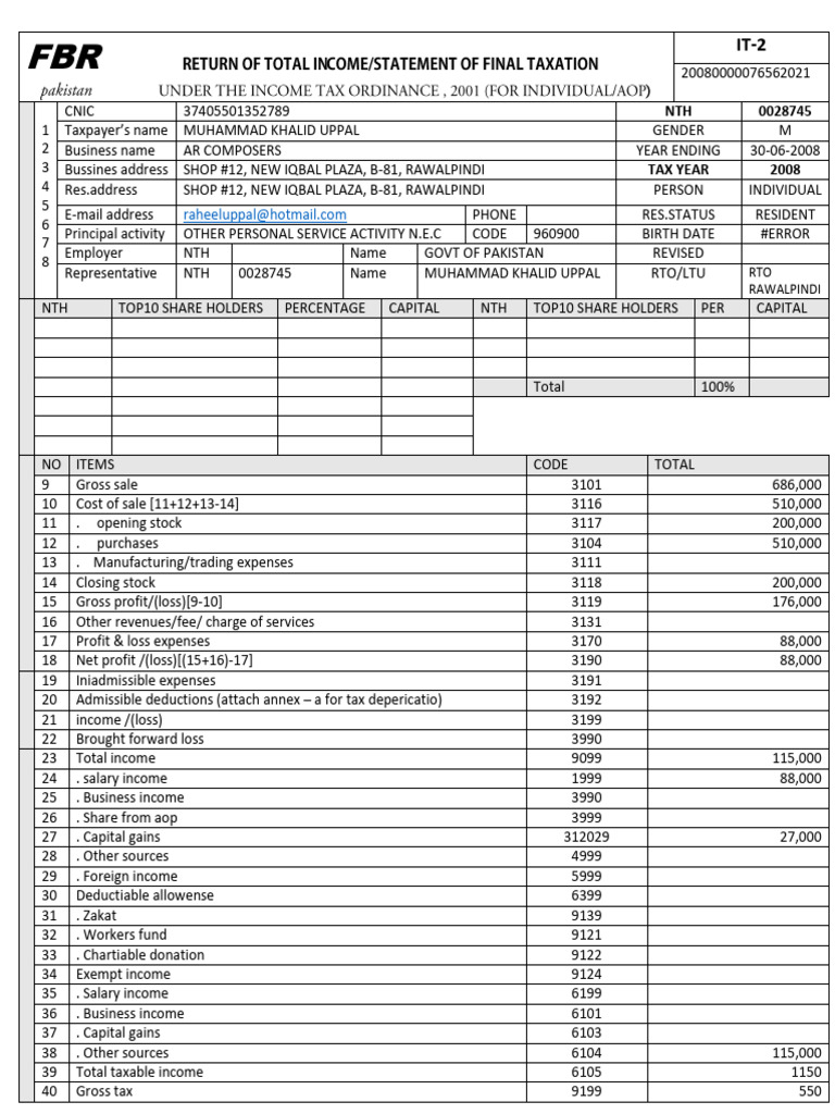 FBR Return of Total Income | PDF | Tax Deduction | Income