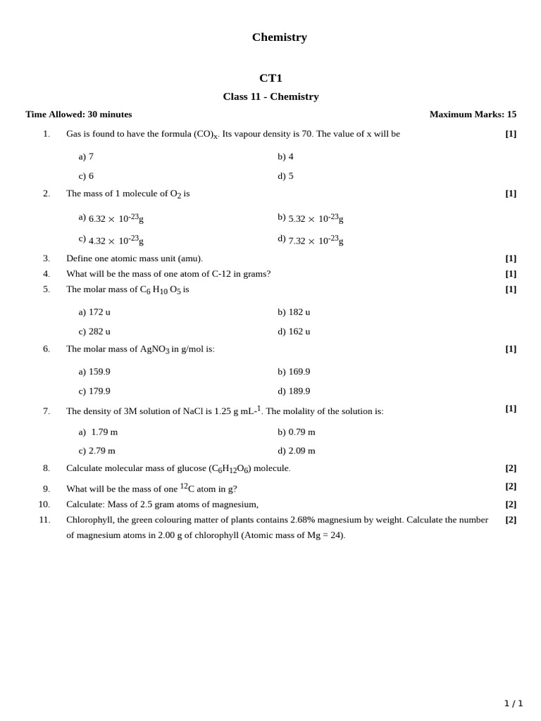 STRUCTURE OF ATOM CLASS TEST | PDF | Mole (Unit) | Chemistry