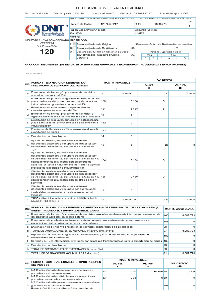 Declaración Jurada IVA Formulario 120 V4 | PDF | Impuesto al valor ...