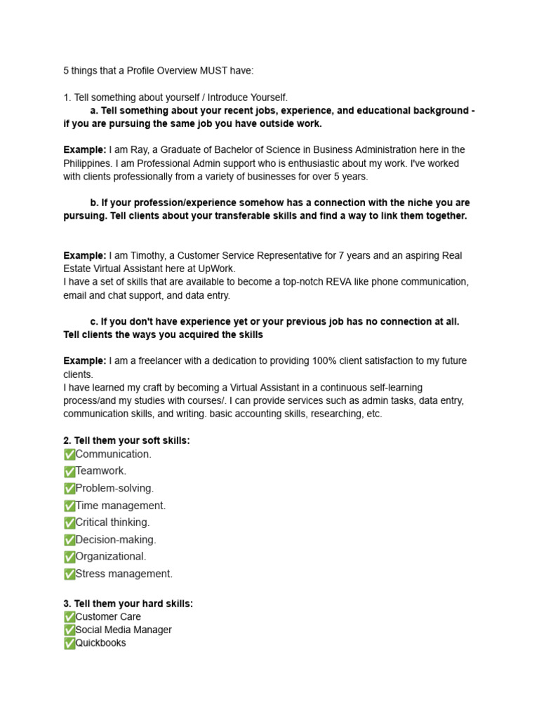 Essential Elements for Profile Overview | PDF