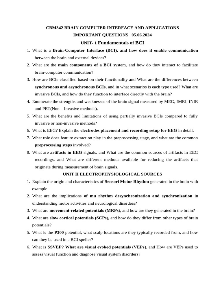 CBM342 BCI Important Questions | PDF | Electroencephalography ...