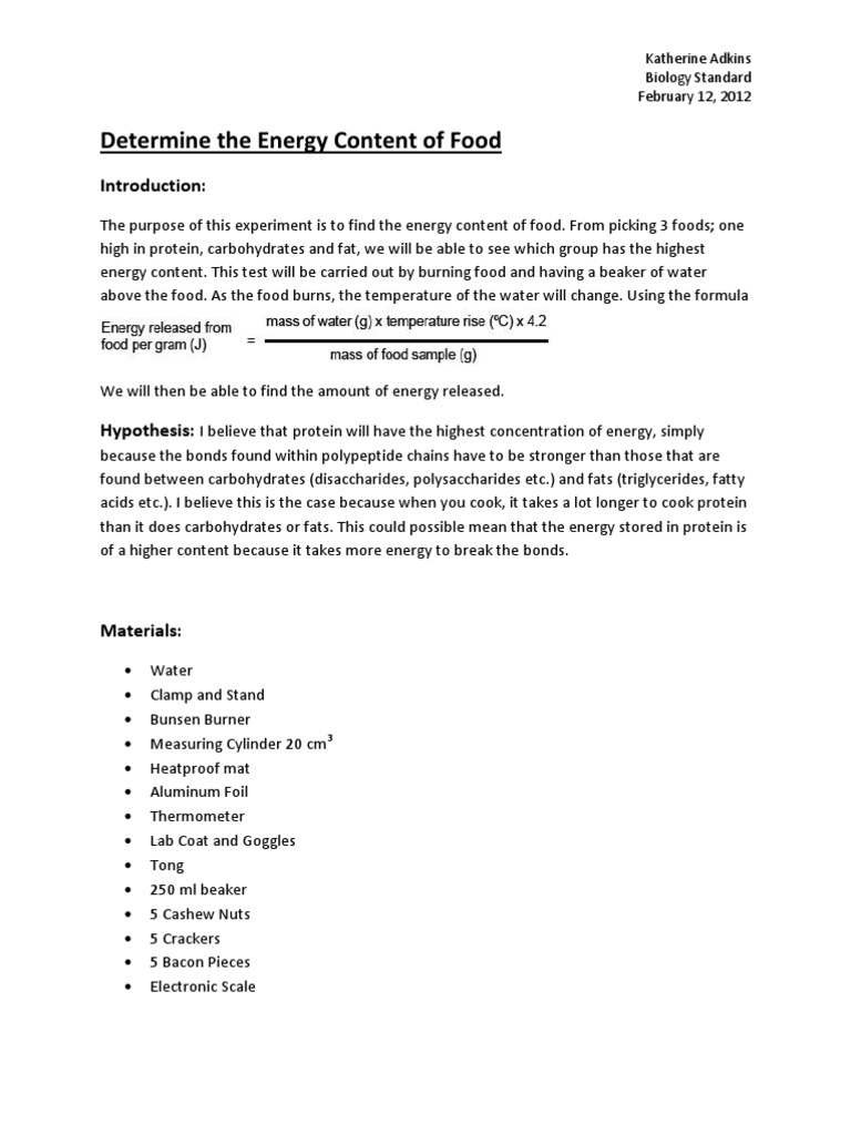 Determine The Energy Content of Food | Download Free PDF | Fat ...