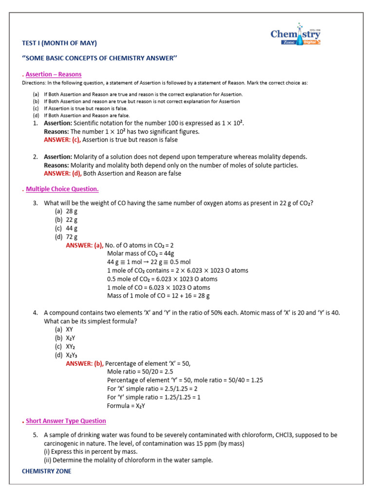 Chemistry Concepts Test Answers | PDF | Mole (Unit) | Physical Chemistry