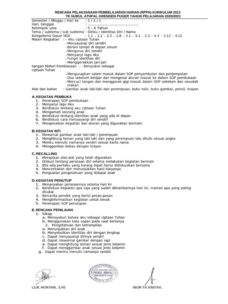 RPPH Identitas Diri TK 2020/2021 | PDF
