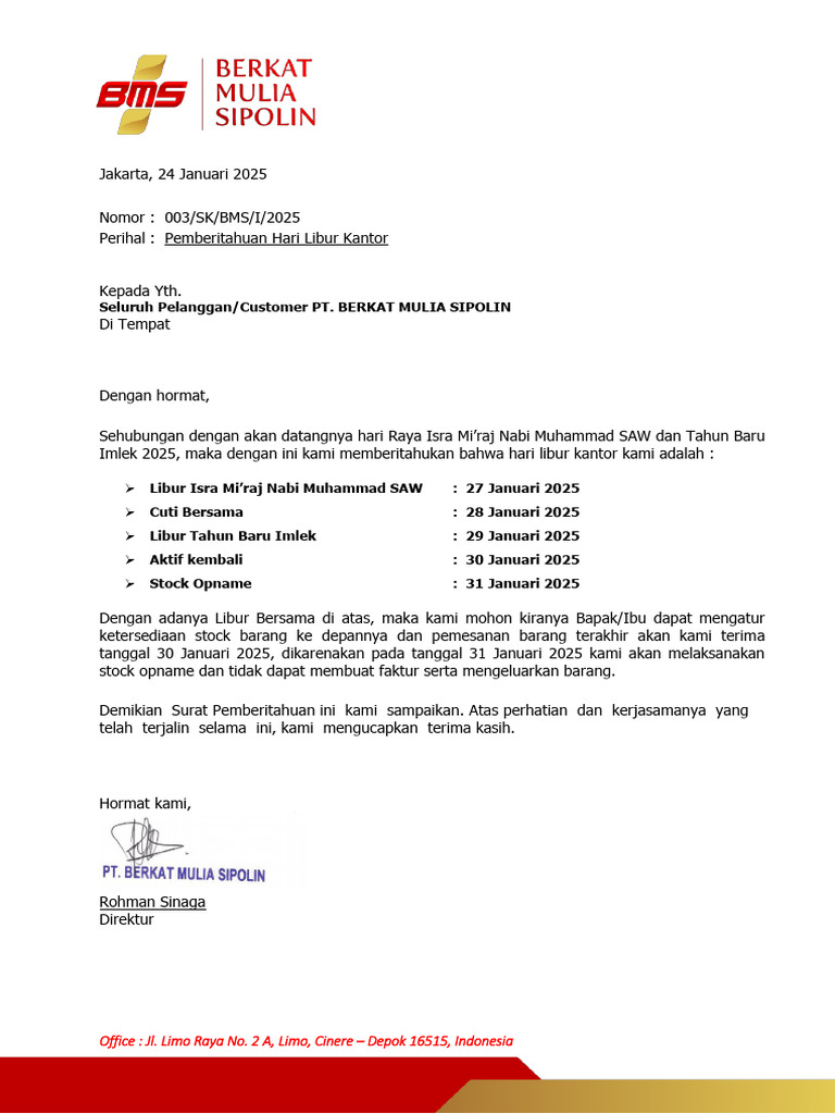 Pemberitahuan Libur Kantor 2025 | PDF