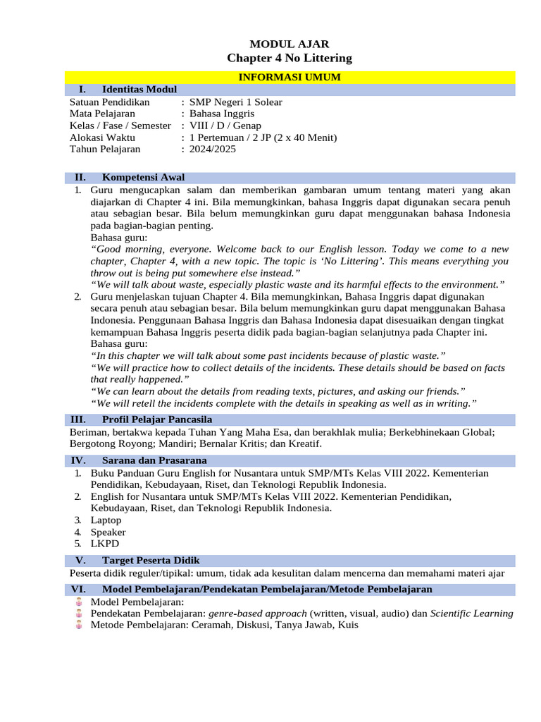 727684670 Modul Ajar English 8 Chapter 4 No Littering WES | PDF