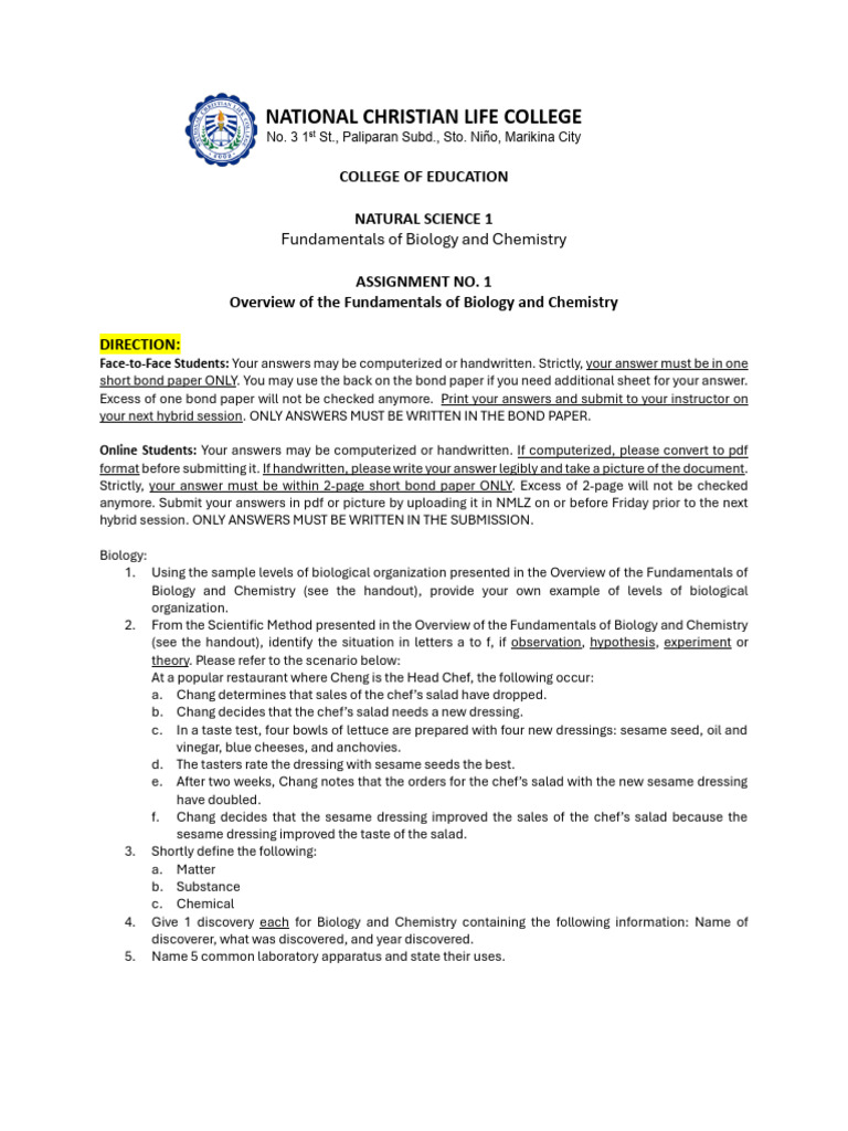 NATSCI 1 - Assignment No.1 | PDF | Chemistry | Science