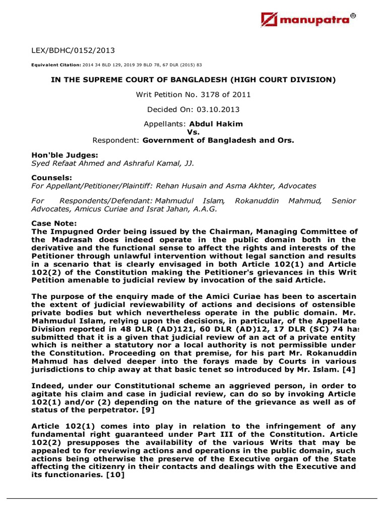Abdul Hakim Vs Government of Bangladesh and Ors | PDF | Certiorari ...