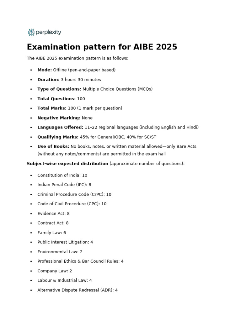 Examination Pattern For AIBE 2025 | PDF