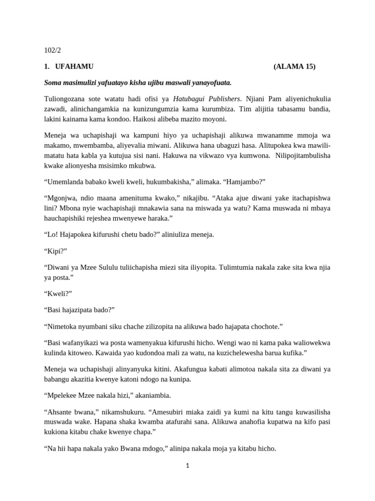 Kiswahili PP2 | PDF
