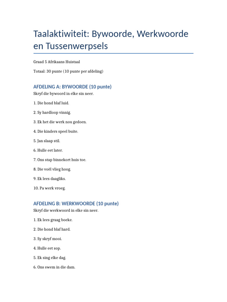 Graad 5 Taalaktiwiteit Bywoorde Werkwoorde Tussenwerpsels | PDF