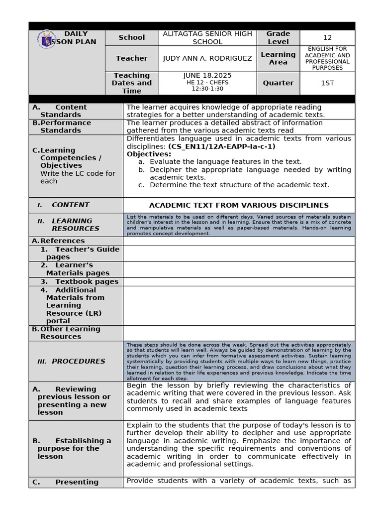 Grade 12 English Lesson Plan: Academic Writing | PDF | Learning ...