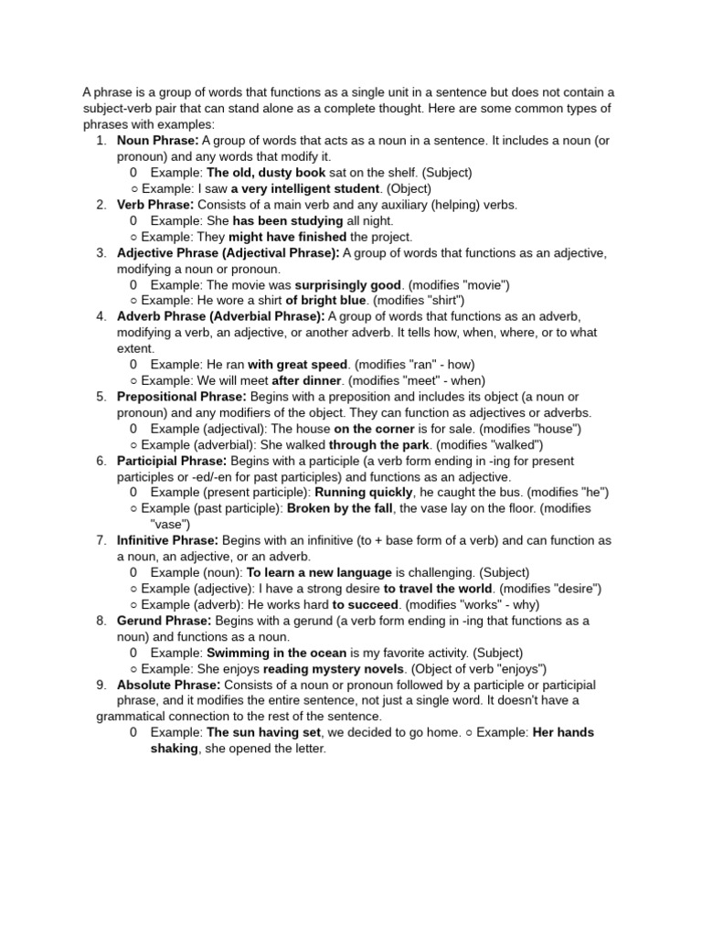 Types of Phrases With Example | PDF | Adverb | Verb