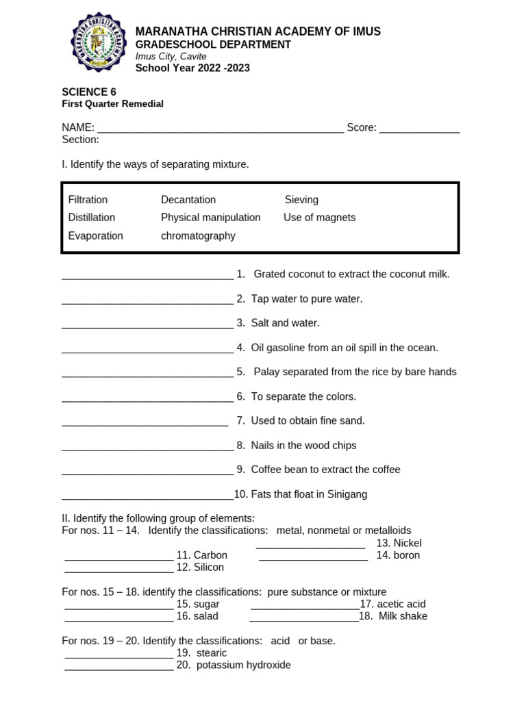 Science 6 1stQ Remedial | PDF | Chemical Elements | Mixture