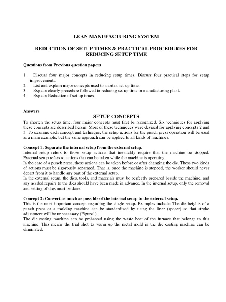Lean Manufacturing System Reduction of Setup Times & Practical ...