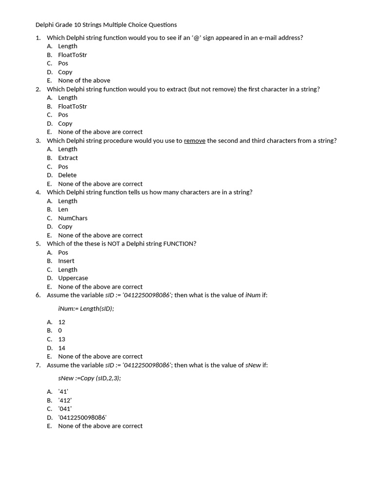 Delphi Grade 10 Strings Multiple Choice Questions and Answers | PDF | String (Computer Science ...
