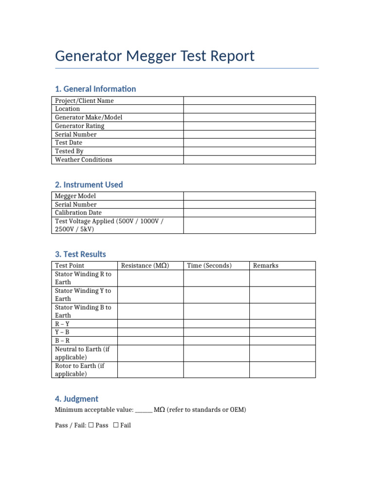Generator Megger Test Report Format | PDF