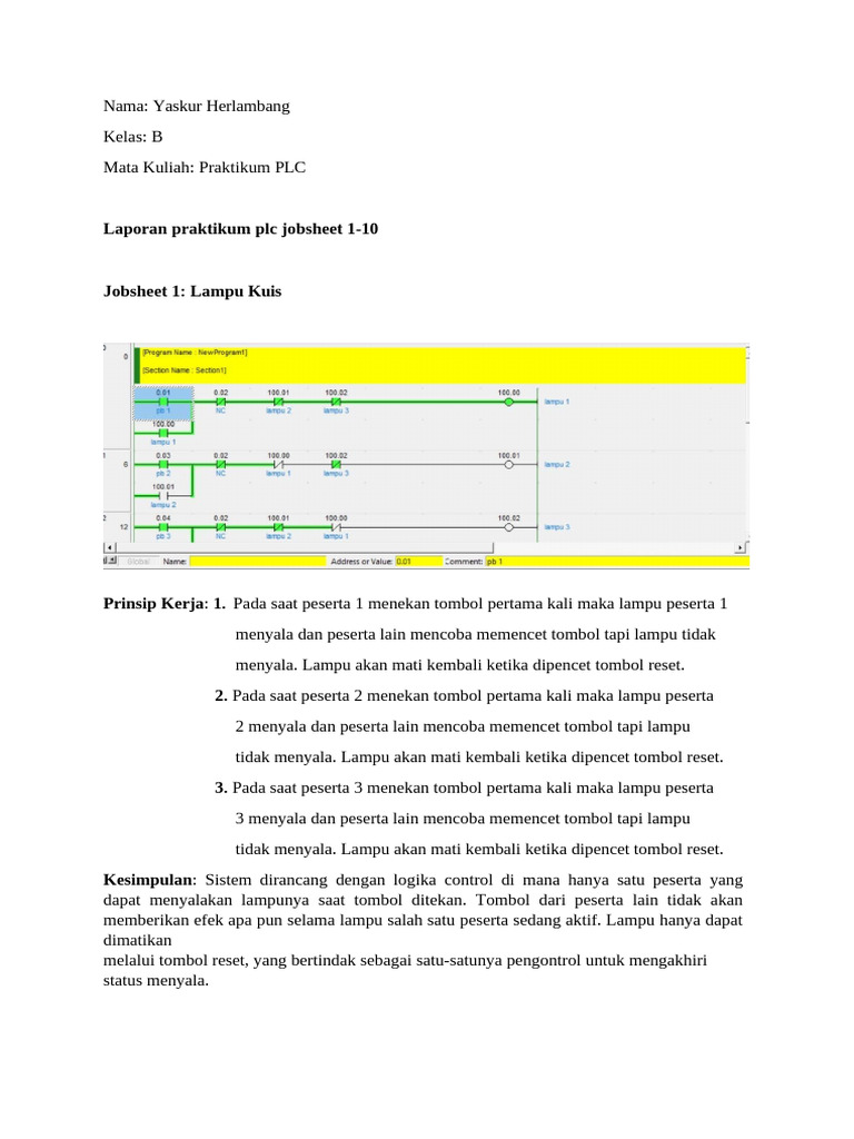 Laporan Praktikum PLC Jobsheet 1-10 - Yaskur Herlambang - 1513622038 | PDF