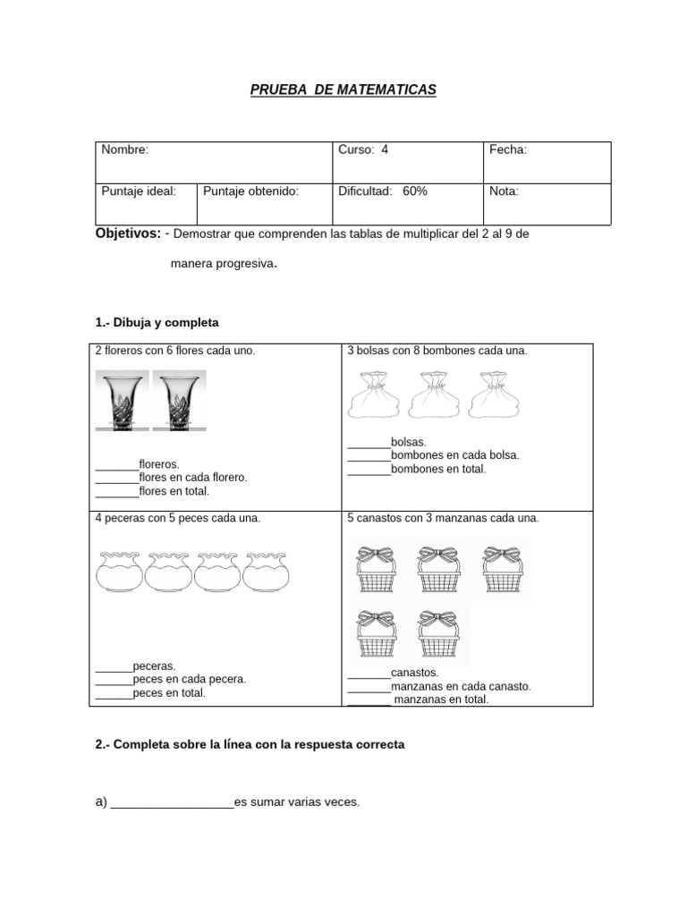 Prueba de Matemáticas para 4° Grado | PDF