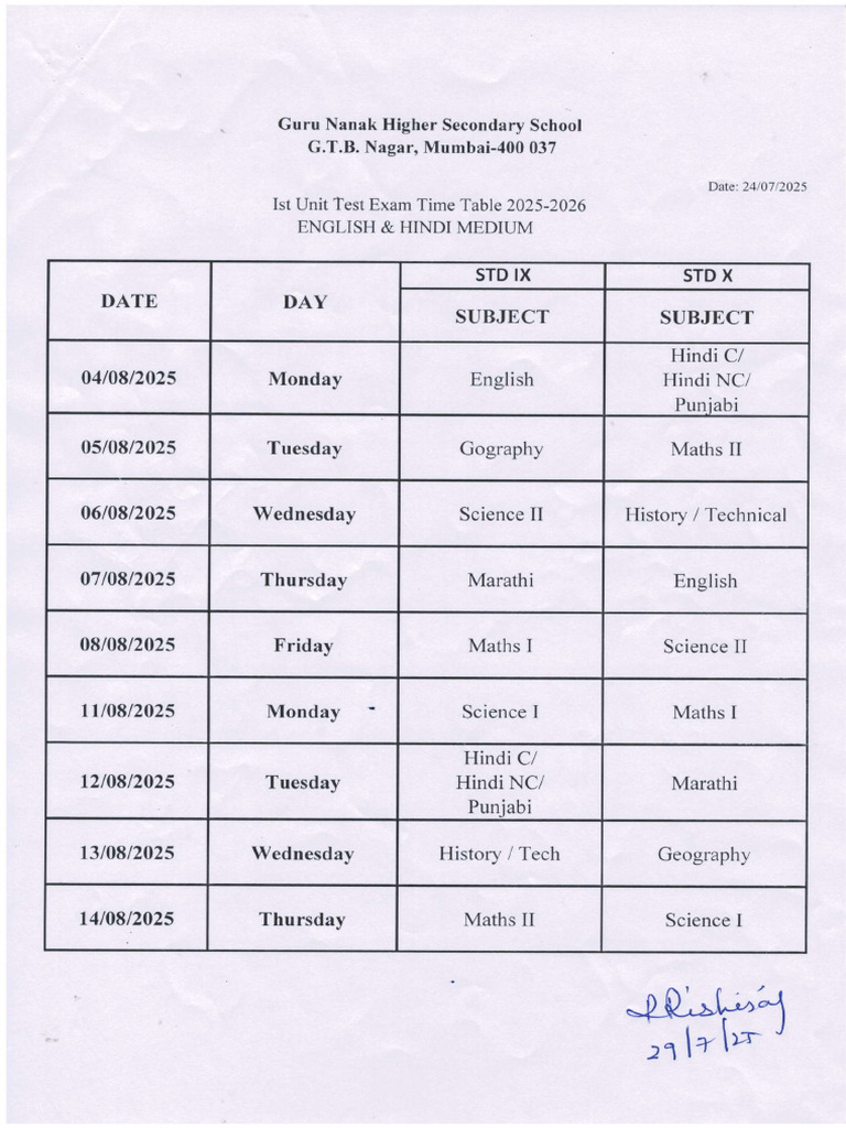 Time Table of STD IX & X 25-26 | PDF