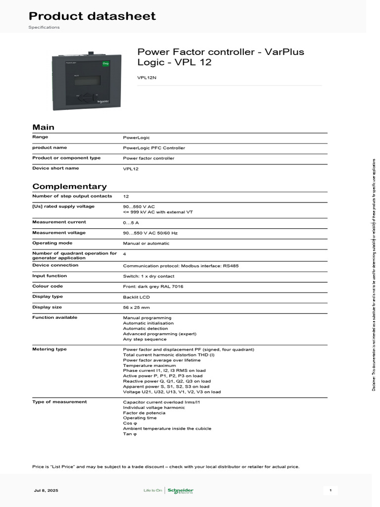 Schneider Electric VarPlus-Logic VPL12N | PDF | Alternating Current | Relay