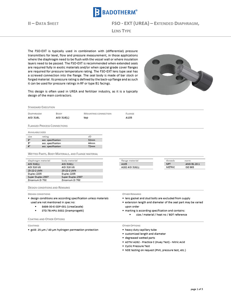 FSO-EXT Urea Extended Diaphragm Seal | PDF
